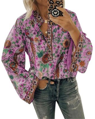 ORANDESIGNE Damen Vintage Bohemian Blusen Hippie Blumen Bluse Boho Tunika Elegante Oberteile Tops Langarm Shirt A Rose XL