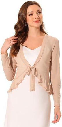 Allegra K Boléro Transparent Femme en Mousseline de Soie Gilet Court en Voile à Volants à Nouer Devant Manches Longues Cardigan Léger Kaki S