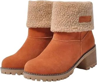 Generic Bottines dhiver pour femme avec doublure en fourrure &agrave; talon &eacute;pais, confortables &agrave; enfiler &agrave; talon moyen et &eacute;pais en daim, Orange, 8