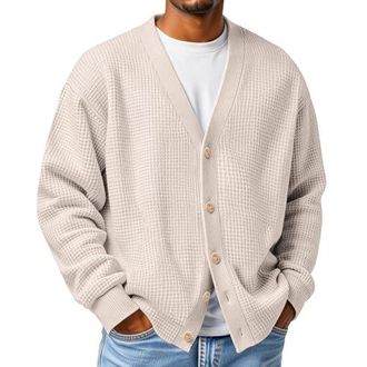 Generic Cardigan pour homme en tricot gaufr&eacute; textur&eacute; &agrave; manches longues, col en V, ouvert sur le devant, l&eacute;ger et d&eacute;contract&eacute;, beige, XXL