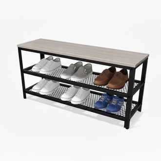 Relaxdays Banc &agrave; chaussures Relaxdays, 8 paires, H45&times;L100&times;P30 cm, 2 &eacute;tag&egrave;res grillag&eacute;es, assise aspect bois, marron clair/noir