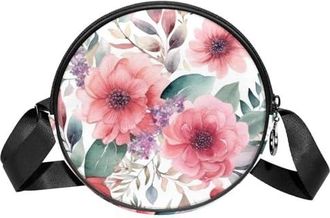 Generic Petit sac &agrave; bandouli&egrave;re circulaire pour femme, motif feuilles florales, sac &agrave; dos avec fermeture &eacute;clair, bretelles r&eacute;glables, sac &agrave; main rond d&eacute;contra