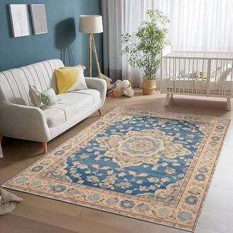 Generic Tapis Salon 120 x 180 cm, Design R&eacute;tro Floral Sym&eacute;trique Bordure, Beige Tapis Antid&eacute;rapant &agrave; Poils Courts, Facile &agrave; Entretenir pour Salon, Salle &agrave; Man