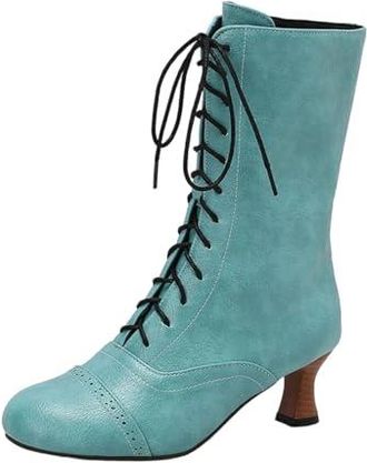Generic Bottes &agrave; lacets pour femme - Bout rond - &Eacute;l&eacute;gantes - Style r&eacute;tro - Couleur unie - Similicuir - Confortables - Pour le bureau et les f&ecirc;tes, Vert, 40.5 