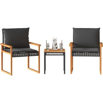 vidaXL Vidaxl - Ensemble de bistro 3 pcs et coussins noir r&eacute;sine tress&eacute;e acacia