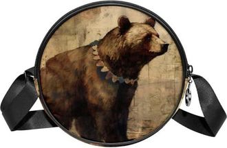 Generic Sac &agrave; bandouli&egrave;re rond pour femme, motif ours vintage, petit sac &agrave; bandouli&egrave;re avec fermeture &eacute;clair, bretelles r&eacute;glables, sac &agrave; main rond d&eacute;contract&eacute;