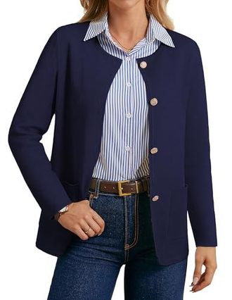 Grace Karin Cardigan en tricot pour femme &agrave; manches longues, col rond, boutonnage et coupe r&eacute;guli&egrave;re pour lhiver, bleu marine, M