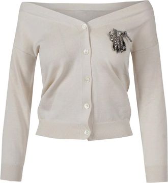 N&deg;21 Femme, Pulls, Blanc, Taille: 40 FR Gilet &agrave; encolure bateau avec broche