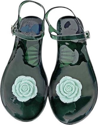 Generic Pantoufles d&eacute;t&eacute; pour femmes, sandales plates et transparentes &agrave; bout gel&eacute; en cristal, grande taille, Vert, 36.5 EU