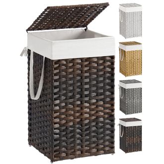 Songmics Wäschekorb mit Deckel, 65 l, synthetisches Rattan, Wäschekorb mit Deckel und Griffen, faltbar, herausnehmbares Innenfutter, Kastanienbraun ULCB165K01