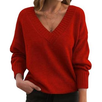 Generic Pull à col en V pour femme, couleur unie, décontracté, col en V, pull ample pour femme, tunique tricotée confortable pour lautomne, Rouge, XXL
