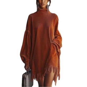 Generic Mini robe ample &agrave; col roul&eacute; en faux daim avec ourlet &agrave; franges pour femme, manches longues pour lautomne 2026, Style 01, XXL