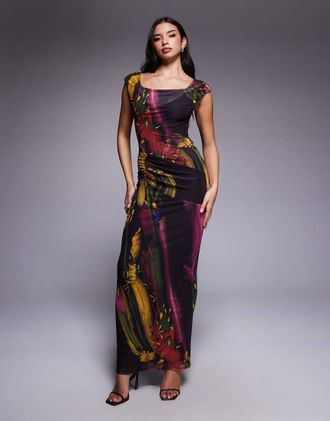 Asos Robe mi-longue en tulle &agrave; encolure drap&eacute;e avec &eacute;paulettes et imprim&eacute; fleuri effet flou - Fonc&eacute;-Multicolore