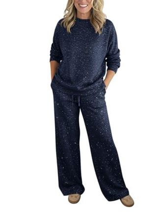 TOMWELL Surv&ecirc;tement Femme Paillettes Ensemble 2 Pi&egrave;ce Sport Jogging Manches Longues D&eacute;contract&eacute; Suit A Bleu Marine XL