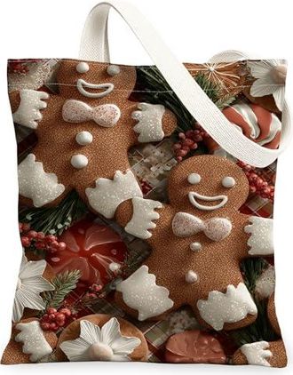 Generic Sacs fourre-tout en toile motif biscuits au pain d&eacute;pices, sacs r&eacute;utilisables, rustiques, l&eacute;gers, lavables avec bandouli&egrave;re, marron, 13x15 Inch