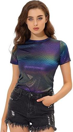 Allegra K Femme Fête Métallique Textured Short Manche Brillant Multicolore Top Bleu foncé Multicolore S