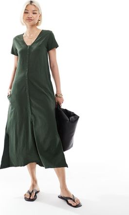Superdry Kurz&auml;rmliges Midikleid aus Jersey in Beuteltaschengr&uuml;n mit Knopfleiste