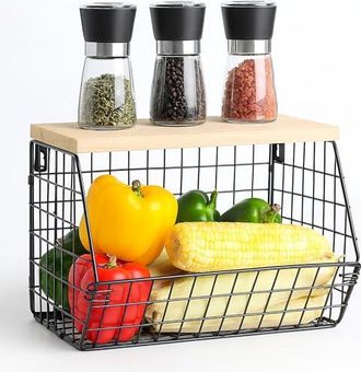 Relaxdays Obstkorb Wandregal, Ablagebrett, K&uuml;chenorganizer zum H&auml;ngen, HBT 22x30x20 cm, Gitterkorb Metall, schwarz/Natur