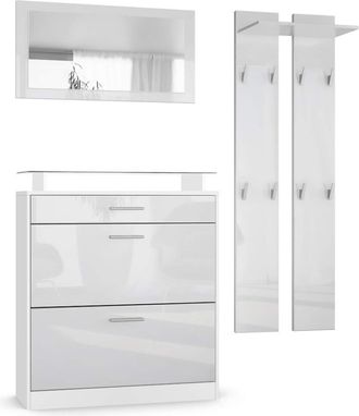 Vladon Garderobe Loret mini, Garderobenset bestehend aus 1 Schuhschrank, 1 Wandspiegel und 2 Garderobenpaneele, Weiß matt/Weiß Hochglanz