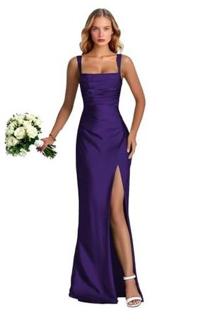 Generic Robe de demoiselle dhonneur en satin pour femme - Robe de bal sir&egrave;ne - Bretelles spaghetti - Corset long pliss&eacute; - Robe de soir&eacute;e formelle avec fente, 