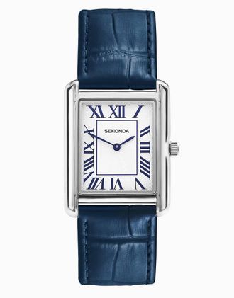 Sekonda Clement - Rechteckige, analoge Herrenuhr in Silberoptik mit schwarzem Riemen, 28 mm-Blau