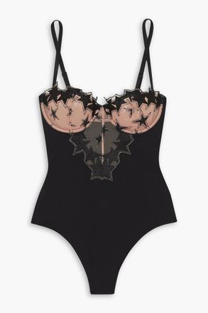 Fleur du Mal Super Star String-Body aus T&uuml;ll und Stretch-Jersey mit Stickereien - Schwarz - XS