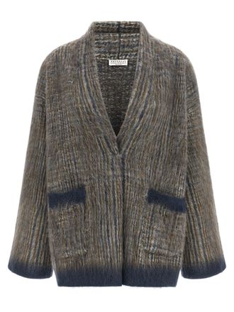 Brunello Cucinelli Prince of Wales Mohair-Wool Cardigan - Brown