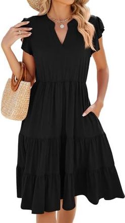 Generic Robe patchwork ample &agrave; manches courtes pour femme Printemps/&eacute;t&eacute; de couleur unie avec poches, Noir, XXL