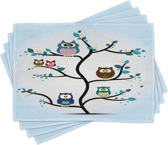 Abakuhaus Eule Platzmatten, Eulen-Familie thront auf einem Baum Love Grace Nachtaugentiere im Natur-Print, Tiscjdeco aus Farbfesten Stoff für das Esszimmer und 