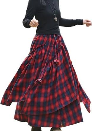 Generic Jupe longue asym&eacute;trique vintage, motif &eacute;cossais double face, silhouette trap&egrave;ze, Rouge, Taille S