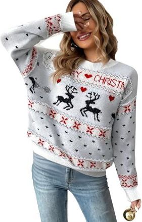 Generic Pull de No&euml;l en tricot pour femme - Coupe r&eacute;guli&egrave;re - Motif renne - Lettres Merry Christmas, blanc, XL