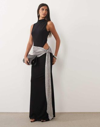 Asos robe longue sculptante avec d&eacute;tail drap&eacute; &agrave; sequins noire