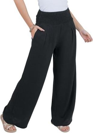 Lofbaz Femmes Lin Palazzo Pantalon Large D&eacute;contract&eacute; Taille Haute Pantalon Fluide d&Eacute;t&eacute; de Plage Boho Long avec Poches Noir S