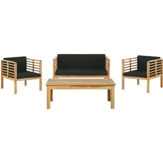 Beliani Gartenm&ouml;bel Set 4-Teilig Hellbraun Akazienholz 4-Sitzer mit Auflagen Schwarz Modern 1 Sofa 2 Sessel und 1 Couchtisch Terrasse Outdoor