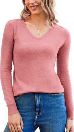 Zeagoo Damen Pullover Elegant Bequeme Langarm Sweatshirt f&uuml;r Frauen Basic Strickpullover mit V Ausschnitt Einfarbig Oberteile rosa XL