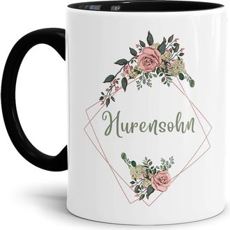 Tassendruck Blumen-Tasse mit Spruch Hurensohn - Beleidigung/Schimpfwort/Geschenkidee für das Büro/Innen & Henkel Schwarz - Keramik - Tasse - 480 ml