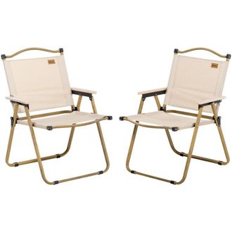 OUTSUNNY Lot de 2 chaises de plage camping pliantes - poign&eacute;e - structure acier aspect bois oxford beige