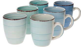 MamboCat 6-tlg. Kaffeebecherset Blue 350 ml Blaue Steingut-Tassen rund Trink-Becher für Heiß-Getränke Tee-Pott abstraktes Strudel-Dekor Geschirr