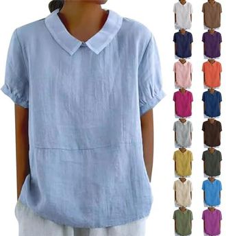 Generic Chemise en coton et lin pour femme, col claudine, manches volantées, confortable, ample, vêtements dété décontractés et mignons, Z04-bleu clair, M