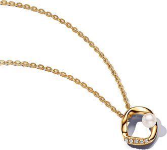 Pandora Essence Organisch Geformter Pavé Kreis & Behandelte Süßwasserzuchtperlen Collier-Halskette aus Sterling Silber mit vergoldeter Metalllegierung und Zir