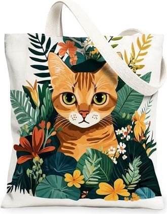 Generic Sac fourre-tout en toile motif chat abyssin printanier pour faire du shopping, 33 x 38,1 cm, sac d&eacute;picerie r&eacute;utilisable pour femme, joli motif de feui