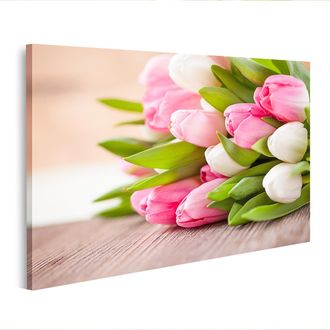 Islandburner Bild auf Leinwand Rosa und wei&szlig;e Tulpen auf Holztisch 1 Bilder Wandbilder 80x40cm