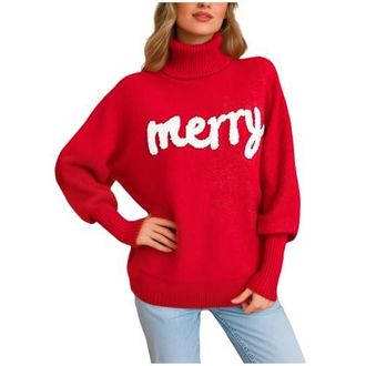 Generic Merry Pull de Noël pour femme, imprimé flocon de neige, pull doux à col haut, pull décontracté à manches longues, pull en tricot fantaisie amusant pou