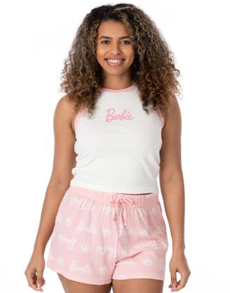 BARBIE Damen Kurzer Pyjama | Damen Puppenlogo gerippte wei&szlig;e Weste mit rosa elastischen Shorts Kleidung Nachtw&auml;sche Merchandise