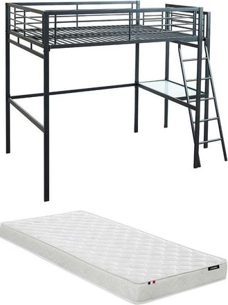 Vente-Unique Vente-unique - Lit mezzanine casual ii - 140 x 190 cm - plateforme bureau - Anthracite + matelas