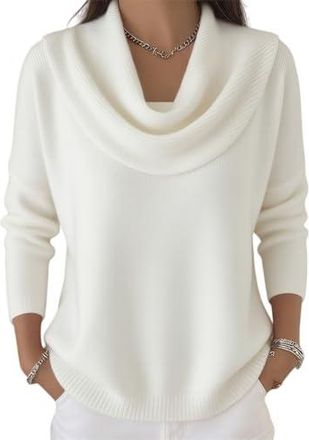 Generic Pull &eacute;l&eacute;gant r&eacute;tro doux &agrave; col triangle de couleur unie, pull en tricot confortable &agrave; manches longues pour femme, pour lhiver, blanc, M