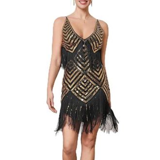 Generic &Eacute;l&eacute;gante robe de soir&eacute;e sans manches avec col &agrave; paillettes et franges pour les occasions festives, les bals et les d&icirc;ners, or, XL