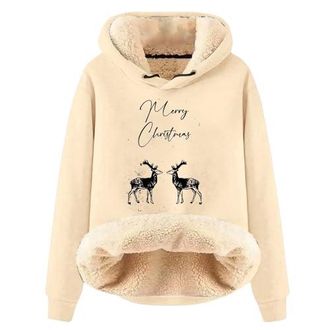 Generic 2026 Printemps &Agrave; La Mode De No&euml;l Imprim&eacute; Cerf Femmes Automne Et Hiver Velours &Eacute;pais Chaud Cardigan Sweat &agrave; Capuche, beige, XXL