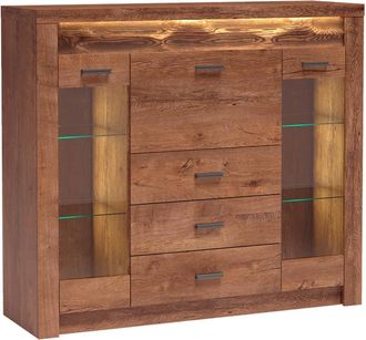 Mirjan24 Barschrank Indiano I-08 mit 3 schubladen, Barkommode, Highboard, Getr&ouml;nkeschrank, Schrank mit Getr&auml;nkefach (Esche Hell, mit warmwei&szlig;er LED-Beleuchtung