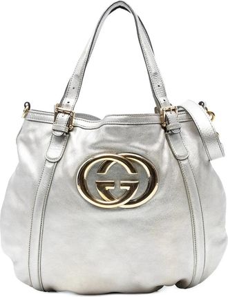 Gucci Hobo Bags - Medium Metallic Calfskin Web Britt Satchel - Gr. unisize - in Silber - für Damen